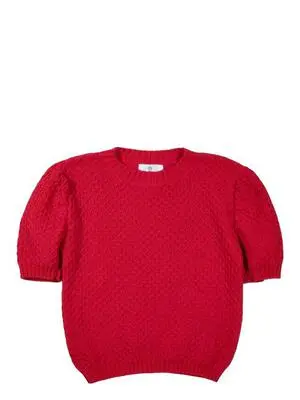 FLORENCE EISEMAN Short Sleeve Textured Knit Sweater With Puff Sleeves - Red