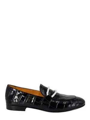 MADISON MAISON Leather Croc Embossed Pearl Flat Loafer - Black