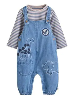 NEXT Dinosaur Denim Overalls & Stripe Top Set - Blue