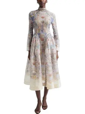 Zimmermann Rebellion Long Sleeve Beaded Midi Dress - Blue Floral