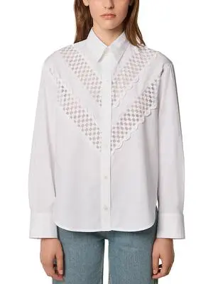 Tresse Cotton Button Down Shirt With Lace Ribbon - White