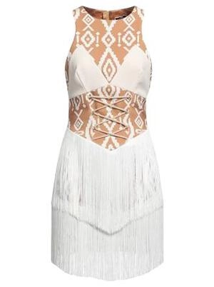 Elisabetta Franchi Geometric Print Mini Dress With Fringe - Camel