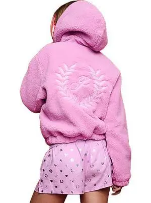 Pink Plush Teddy Hooded Bomber Jacket Purple
