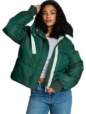 Pink Marshmallow Cropped Puffer Jacket Green