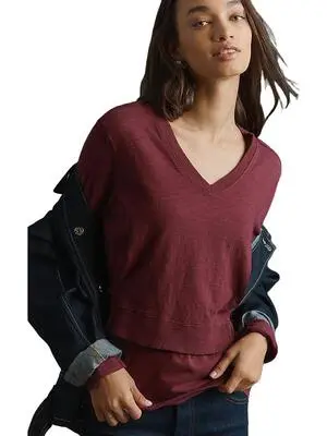 Wilt Long-Sleeve Mixed Media Double Layer Top Dark Wine