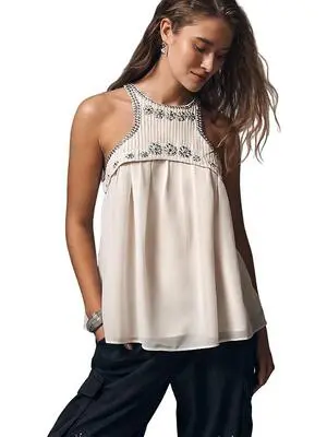 Anthropologie Sheer Embellished Halter Top - Light Grey