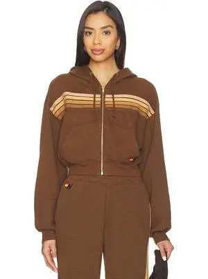 Aviator Nation 5 Stripe Cropped Zip Hoodie - Chocolate & Espresso