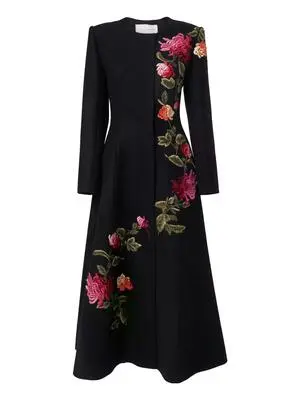 Carolina Herrera A-line Coat With Floral Embroidery - Black