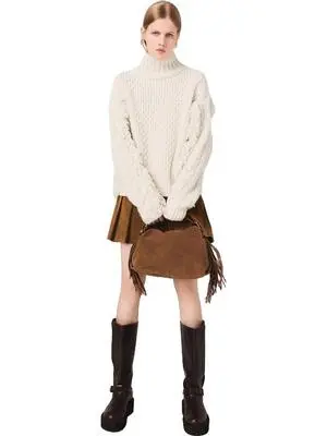 Maje Wool-blend Cable-knit Sweater With Fringe Details - Neutral / White