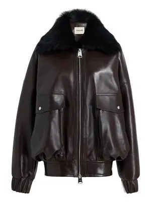 Khaite Daemon Leather Jacket With Shearling Collar - Mud