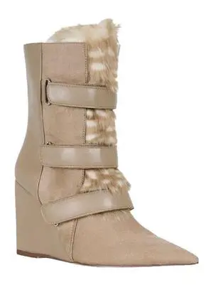 AZALEA WANG Maranette Faux Fur Wedge Bootie - Tan