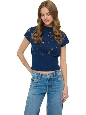 Central Park West Crystal Embellished Dolman Sleeveless Top - Navy