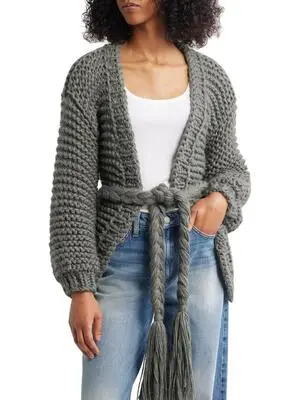 ROFFE ACCESSORIES Chunky Knit Cardigan With Belt - Sage