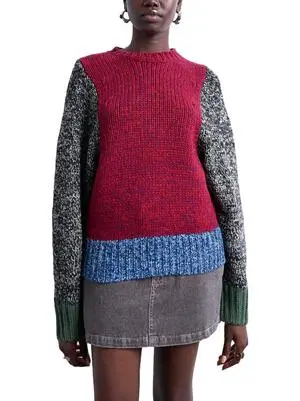 Topshop Color Blocked Crewneck Sweater - Burgundy Multi