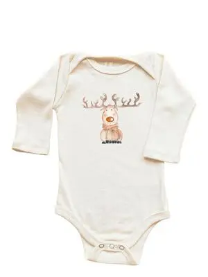 TENTH & PINE Reindeer Organic Long Sleeve Baby Bodysuit - Natural Red Lettering