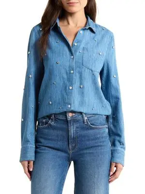 Caslon Crystal Embellished Denim Shirt - Medium Wash