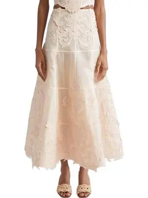 Zimmermann Rebellion Filigree Linen & Silk Midi Skirt - Peach