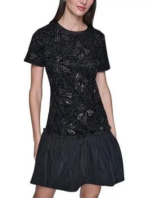 Karl Lagerfeld Paris Chenille Sequin Mesh A-line Dress - Black