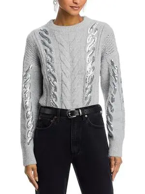 Aqua Sequin Cable Knit Crewneck Sweater - Gray