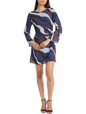 Maggy London Printed Long Sleeve Mini Dress - Gray/ Blue