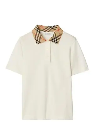 Burberry Check Collar Cotton Polo Shirt - Chalk White