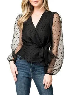 GIBSONLOOK Velvet Dot Organza Wrap Top - Black Dot