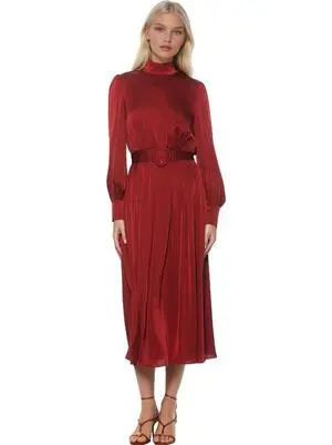 ALEXIA ADMOR Safiya Long Sleeve Belted Fit And Flare Pleated Dress Burgundy