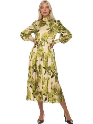 ALEXIA ADMOR Safiya Long Sleeve Belted Fit And Flare Pleated Dress Green Floral