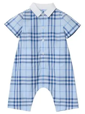 Burberry Checked Cotton Playsuit - Ice Blue