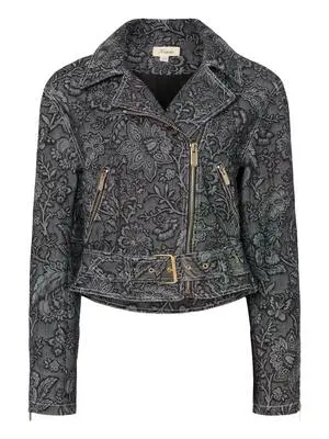 TEMPERLEY LONDON Floral-print Belted Biker Jacket - Black