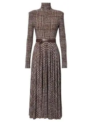 Norma Kamali Belted Houndstooth Turtleneck Midi Dress - Brown