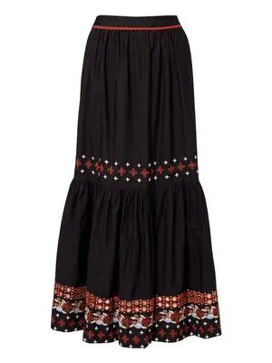 Farm Rio Embroidered Cotton Maxi Skirt - Black