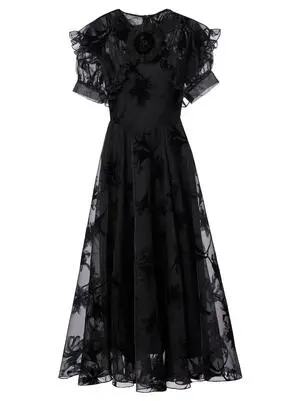 RODARTE Ruffled Floral Organza Midi Dress - Black