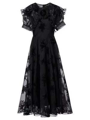 RODARTE Ruffled Floral Organza Midi Dress - Black