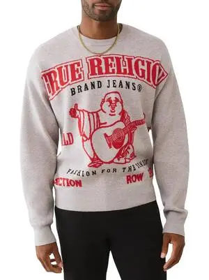 True Religion Logo Boxy Sweater - Heather Grey