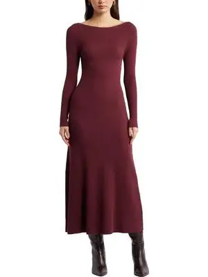 OPEN EDIT Long Sleeve Rib Maxi Dress Burgundy Tannin