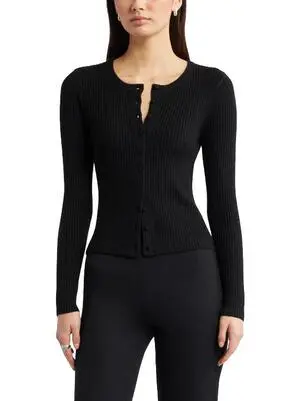 OPEN EDIT Ribbed Crewneck Cardigan - Black