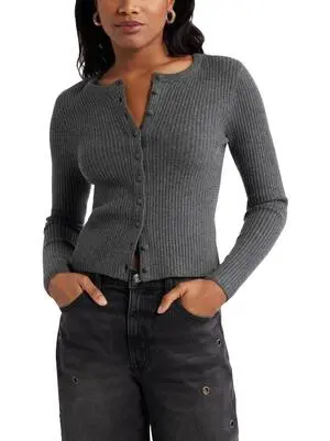 OPEN EDIT Ribbed Crewneck Cardigan - Grey Medium Charcoal Heather