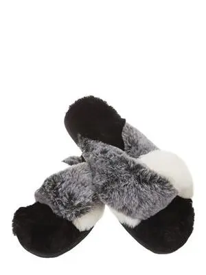MEMOI Crossover Faux Fur Slippers - Black