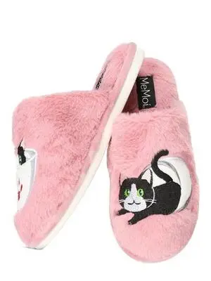MEMOI Teacup Kitty Plush Faux Fur Slippers - Mauve