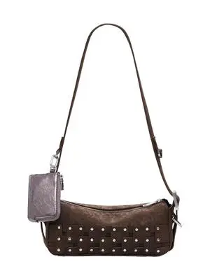 Desigual Studded Patchwork Faux Leather Baguette Bag - Dark Brown
