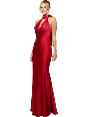 BARIANO Kylee Halter Cowl Maxi Gown - Red