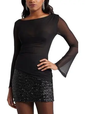 OPEN EDIT Mesh Bell Sleeve Top - Black