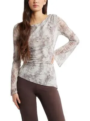 OPEN EDIT Mesh Bell Sleeve Top Grey- Brown Spotted Abstract