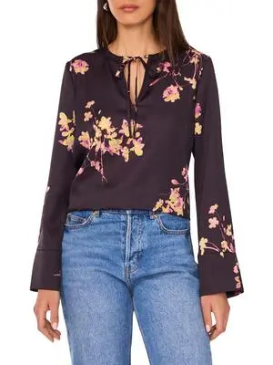 Vince Camuto Floral Split-neck Top - Rich Black