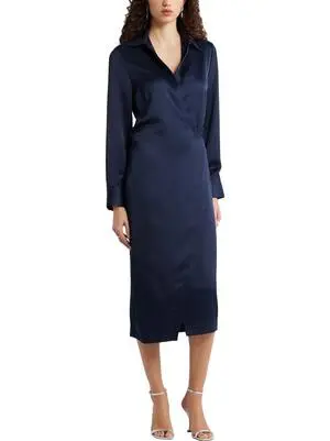 Nordstrom Long Sleeve Faux Wrap Satin Shirtdress - Navy Night