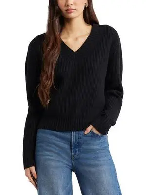 OPEN EDIT Ribbed V-neck Sweater - Black