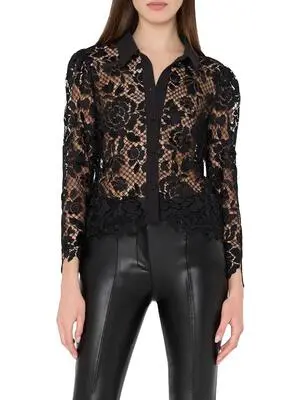 MILLY Floral Lace Semisheer Shirt - Black