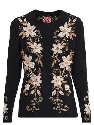 Johnny Was Floral-embroidered Knit Tee - Black