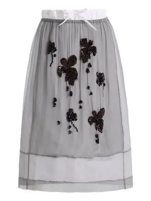 Prada Prada Embroidered Silk Chiffon Midi Drawstring Skirt Grey